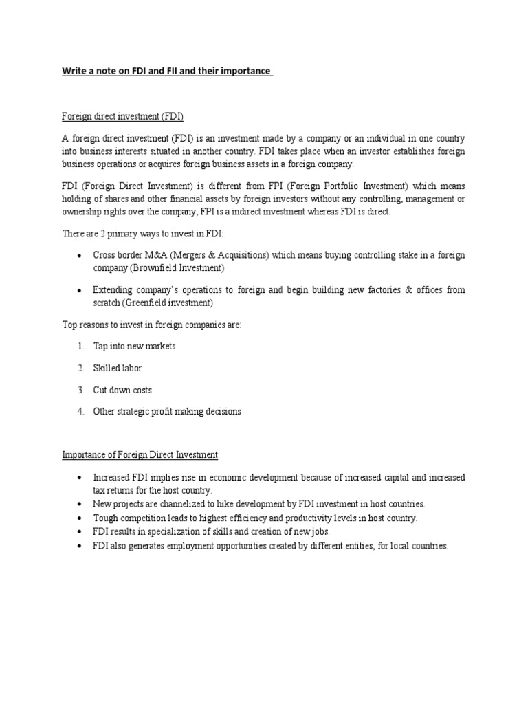 Write A Note On FDI and FII and Their Importance | PDF | Foreign Direct ...