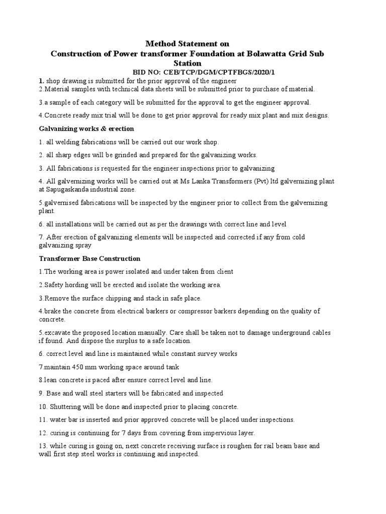 Method Statement | PDF | Concrete | Structural Engineering
