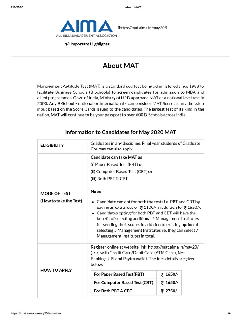 About MAT: Information To Candidates For May 2020 MAT | PDF ...