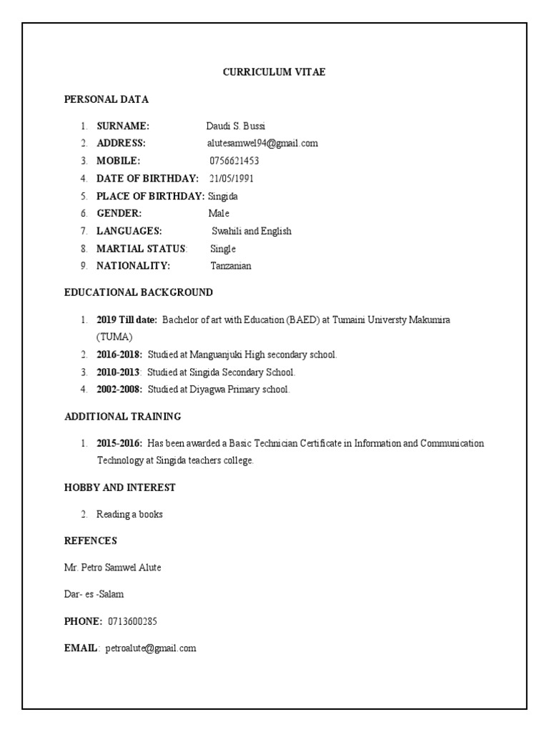 Curriculum Vitae Personal Data | PDF