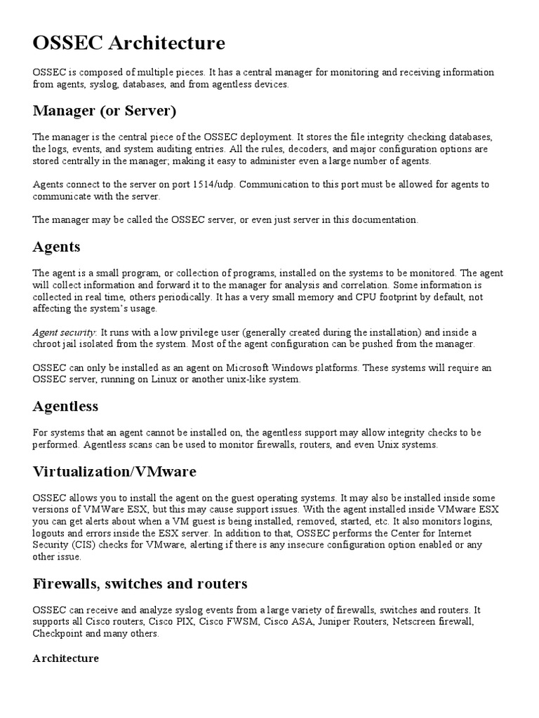 OSSEC Architecture: Manager (Or Server) | PDF | Ip Address | Port (Computer Networking)