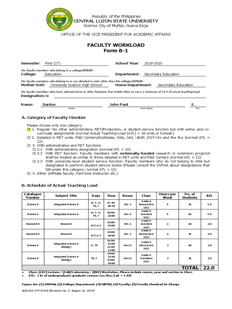Faculty Workload Form B-1: Central Luzon State University | PDF ...