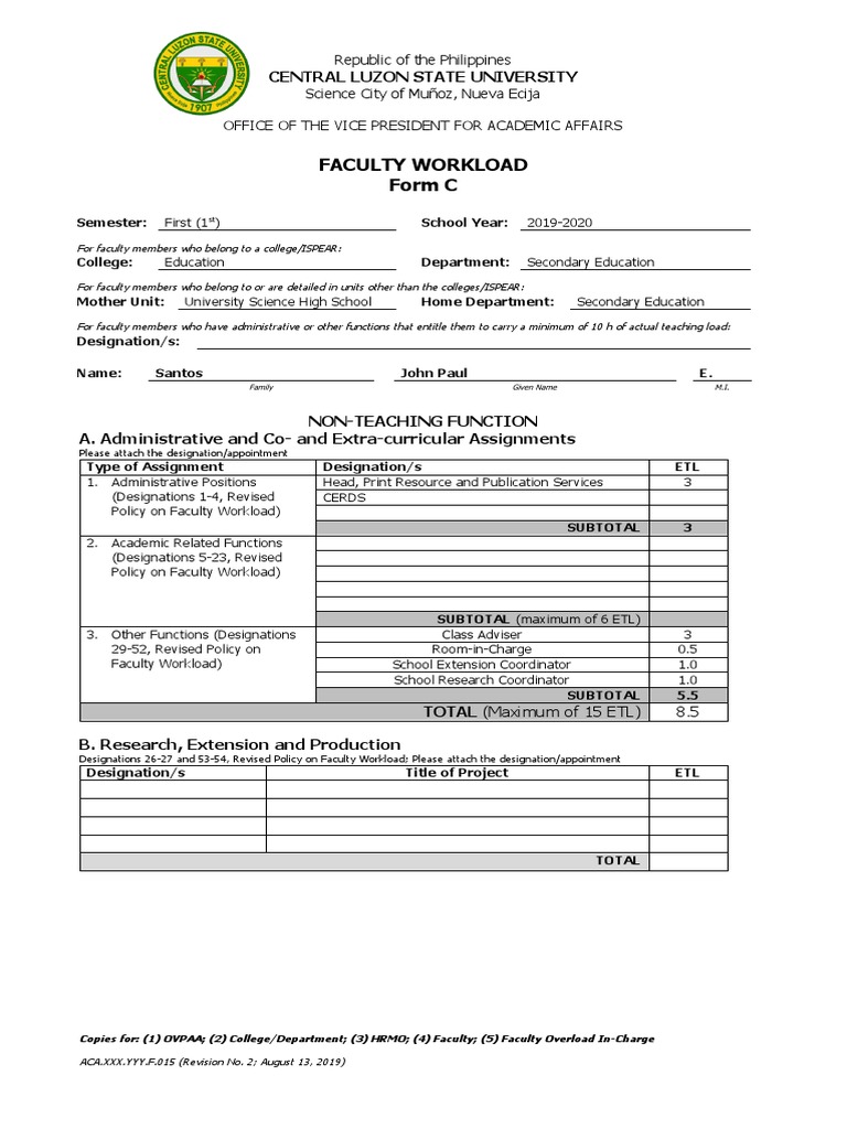Faculty Workload Form C: Central Luzon State University | PDF | Students | Educational Stages