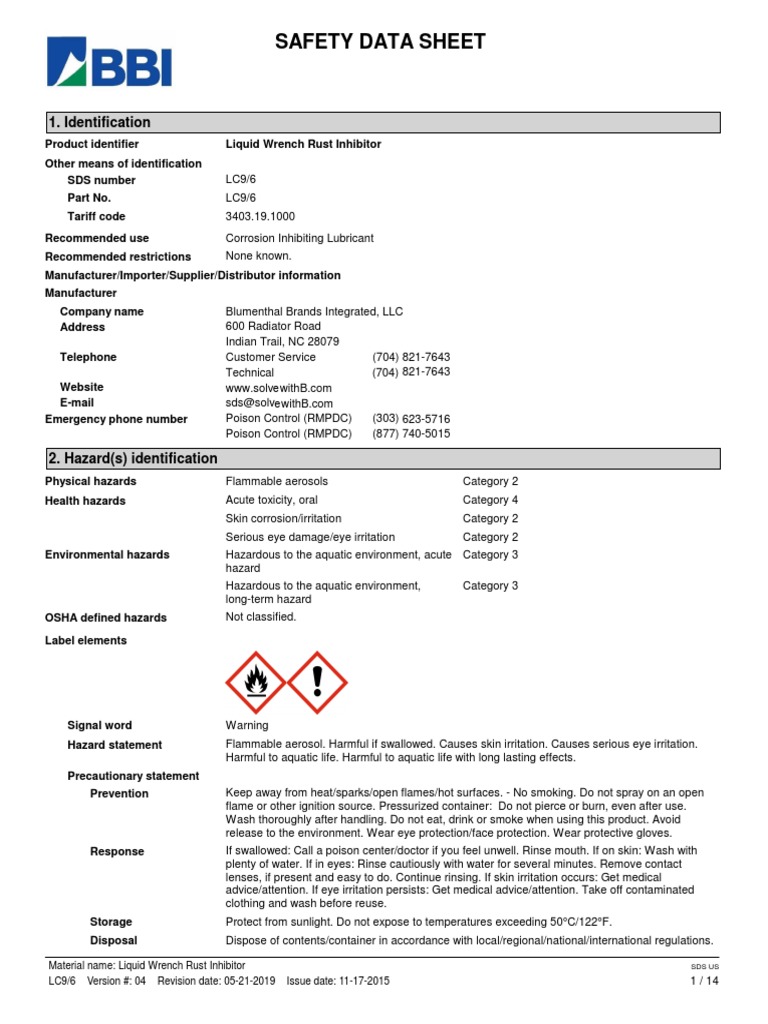 GUNK Liquid Wrench Rust Inhibitor LC9 - 6 SDS | PDF | Dangerous Goods ...