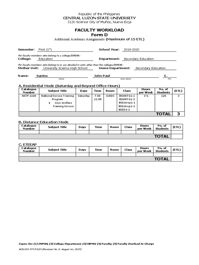 Faculty Workload Form D: Central Luzon State University | PDF | Schools ...