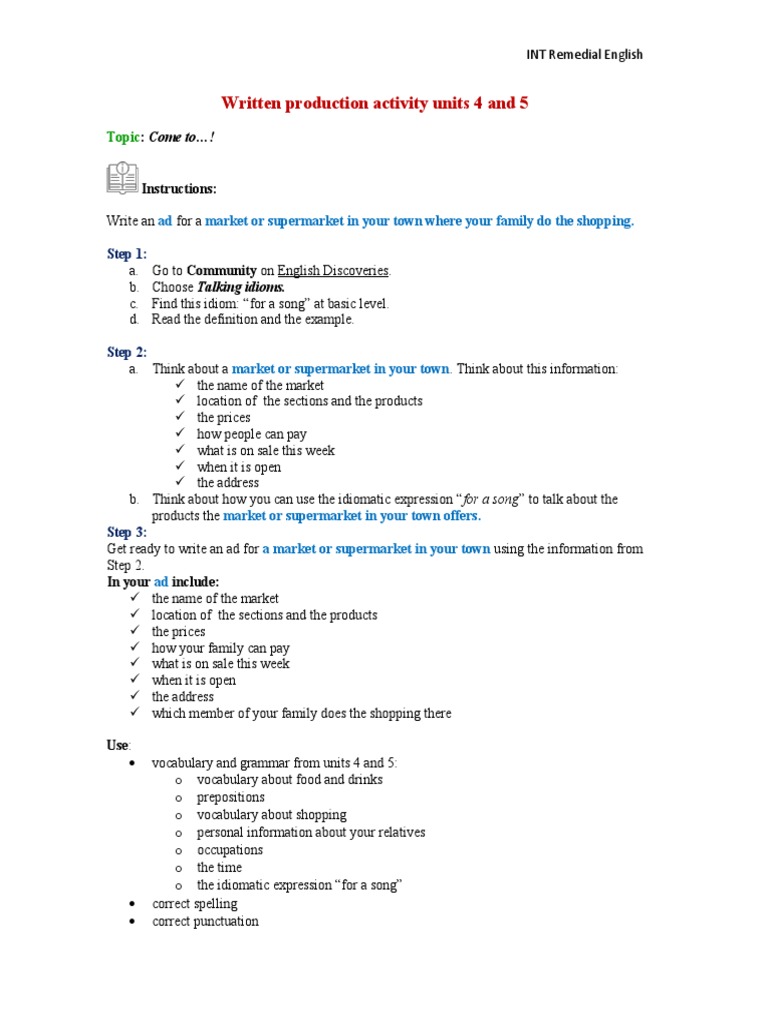 Written Production Activity Units 4 and 5: Topic | PDF | Idiom ...