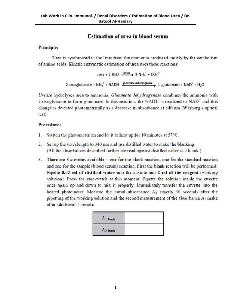 Blood Urea Estimation in Renal Disorders | PDF | Science & Mathematics
