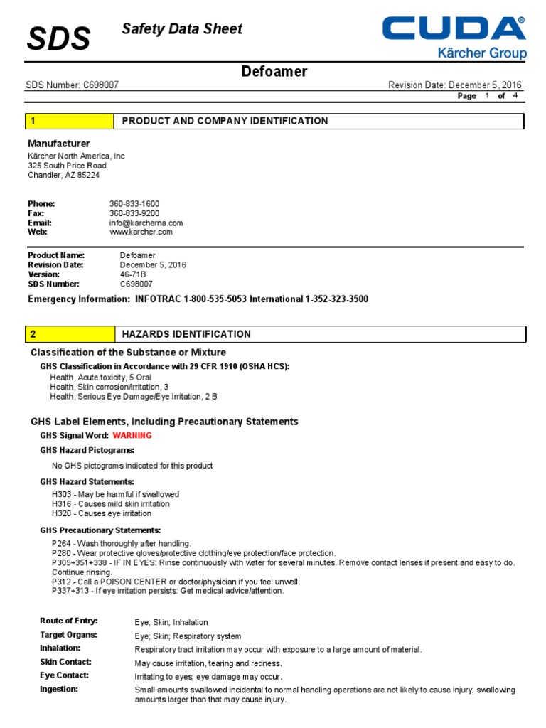 Safety Data Sheet for Defoamer | PDF | Occupational Safety And Health ...