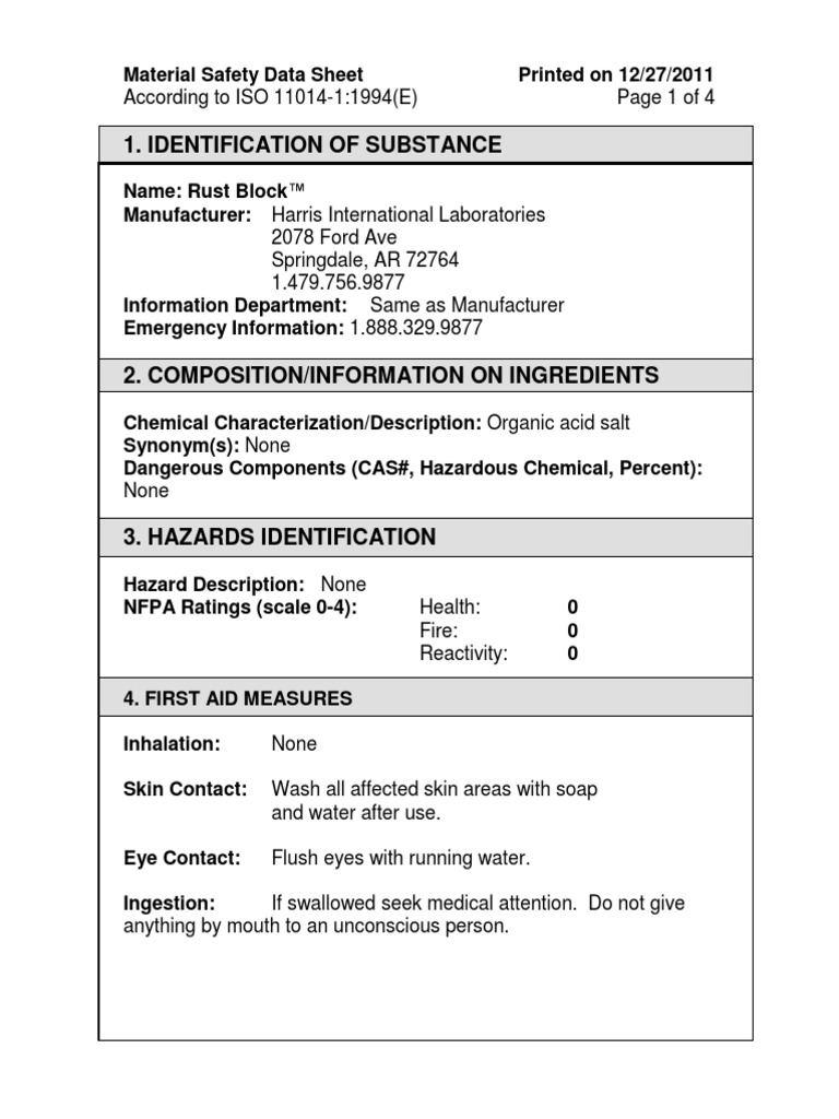 Rust Block MSDS | PDF | Toxicity | Dangerous Goods