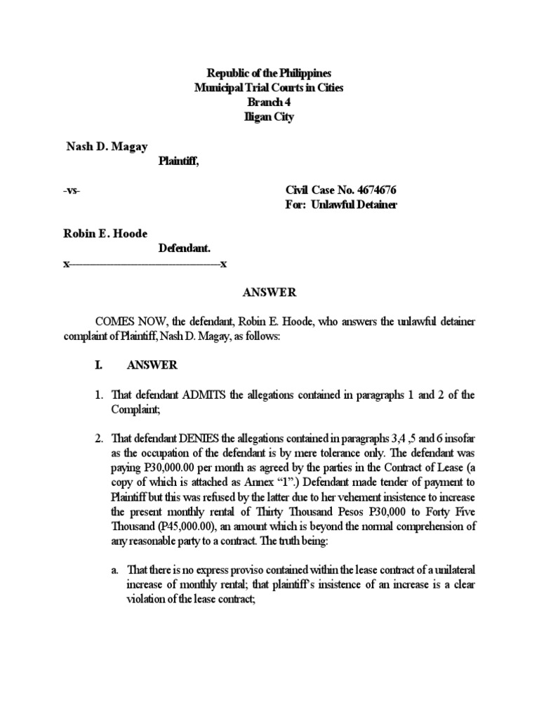 Answer Unlawful Detainer | PDF | Lawsuit | Justice