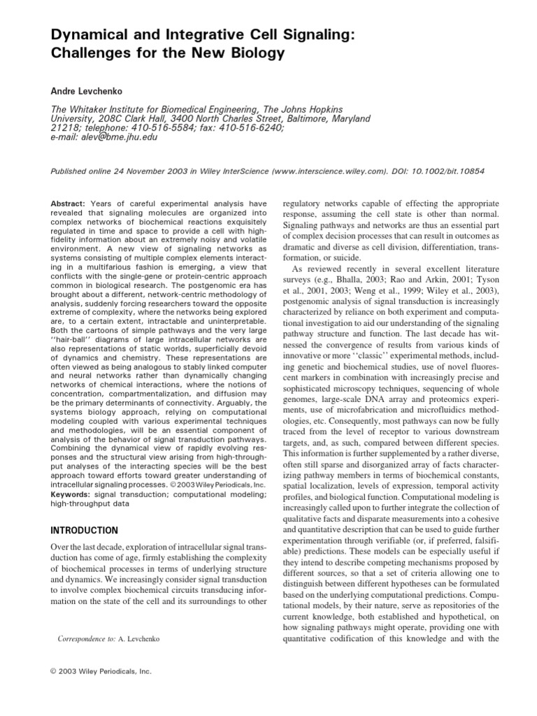 Dynamical and Integrative Cell Signaling: Challenges For The New ...