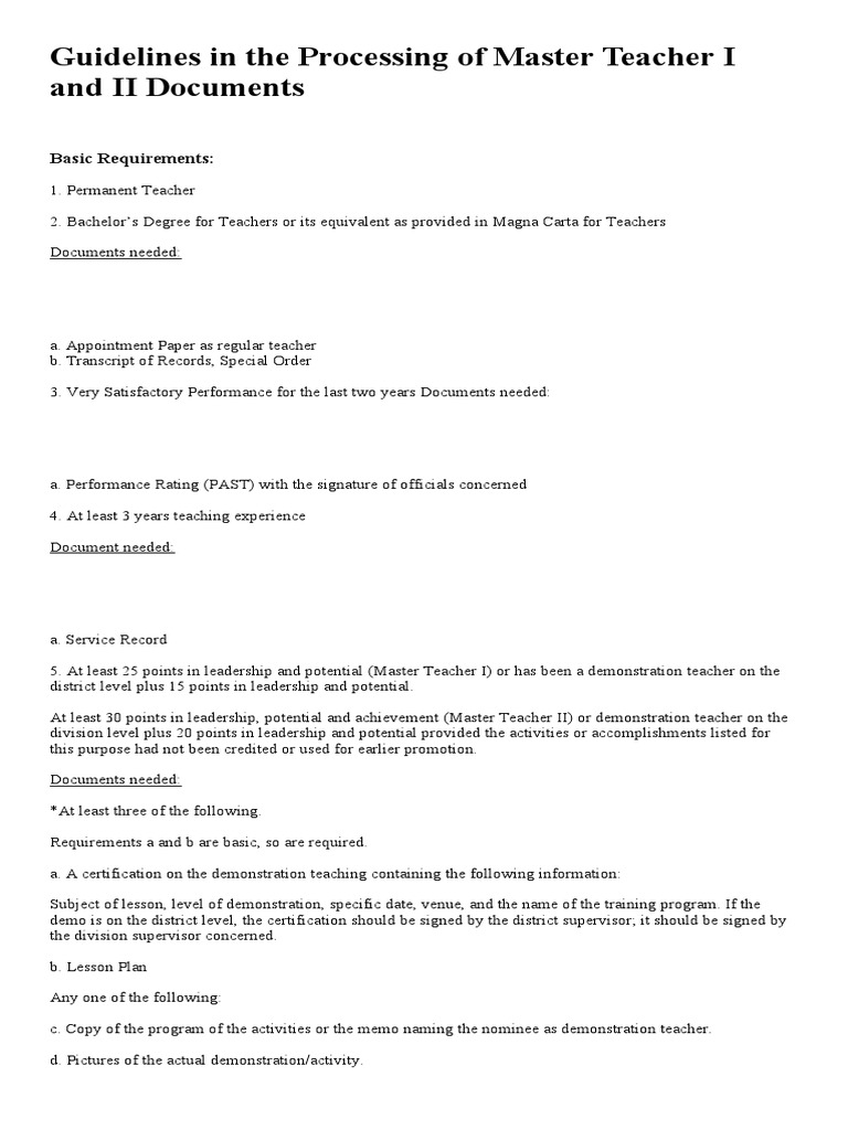 Guidelines in The Processing of Master Teacher I and II Documents | PDF ...