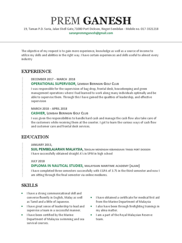 Resume For SPM Leavers | PDF | Malaysia | Cognition