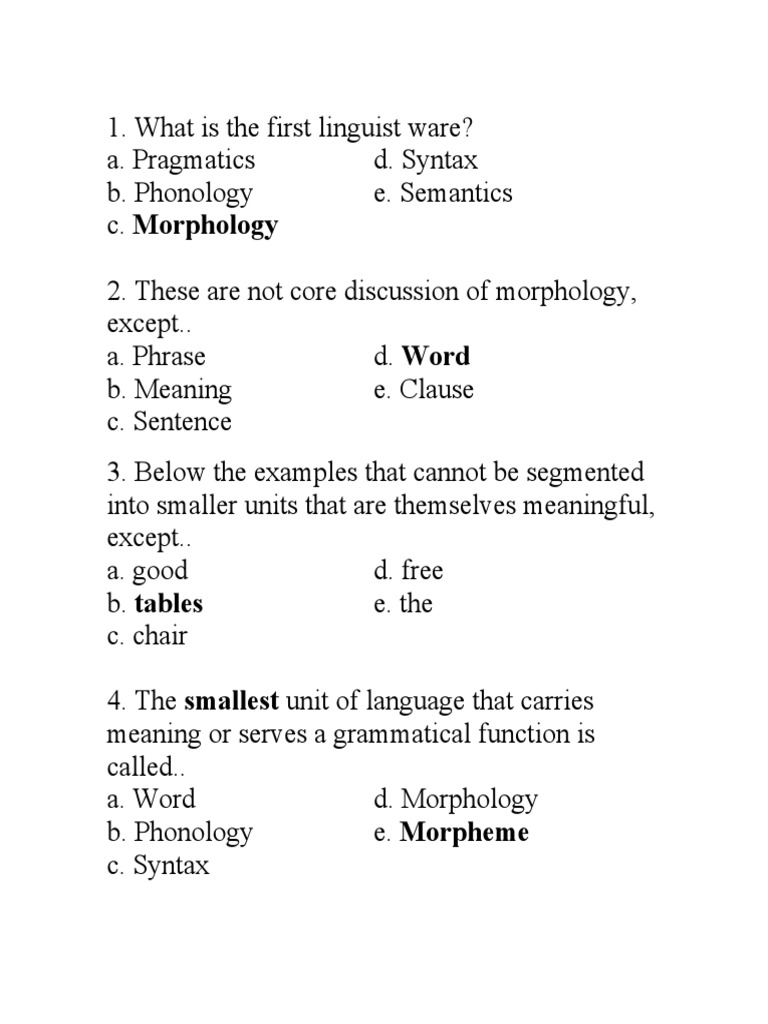 Morphology Exam Practice Questions | PDF | Morphology (Linguistics) | Word