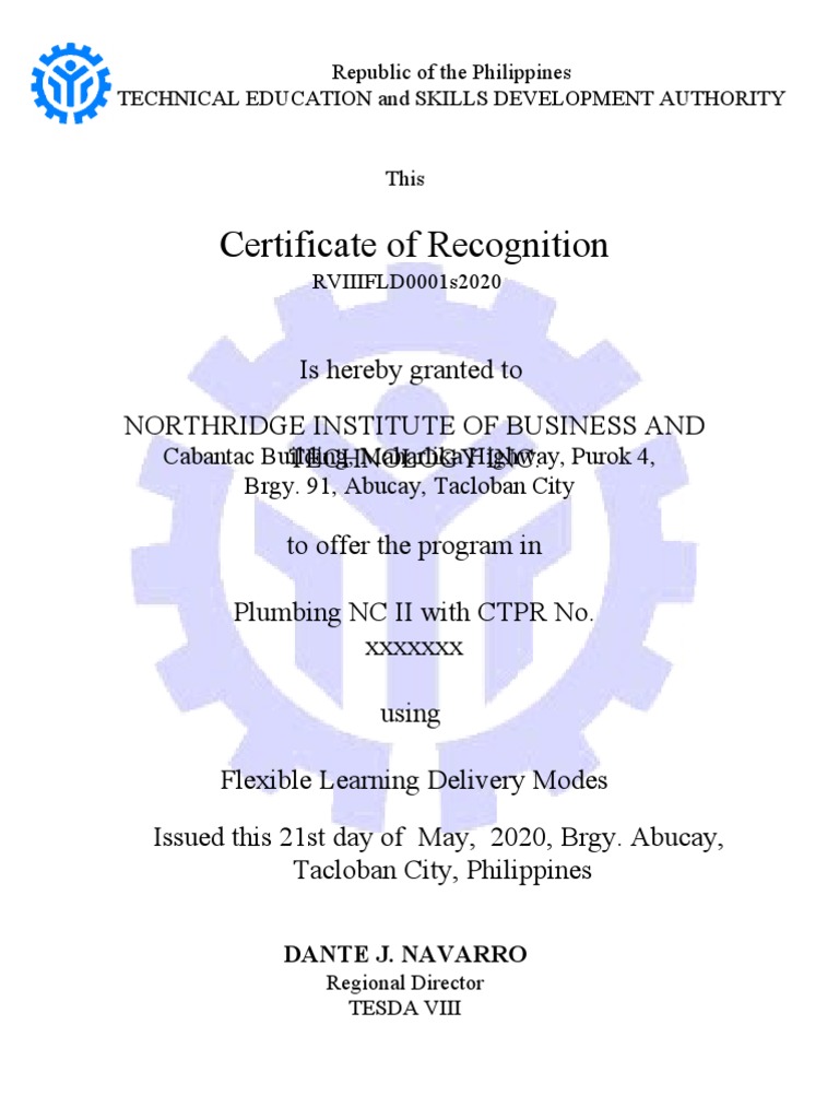Certificate of Recognition: Republic of The Philippines Technical ...