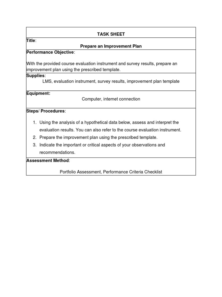 TASK SHEET - Improvement Plan | PDF | Career & Growth | Business