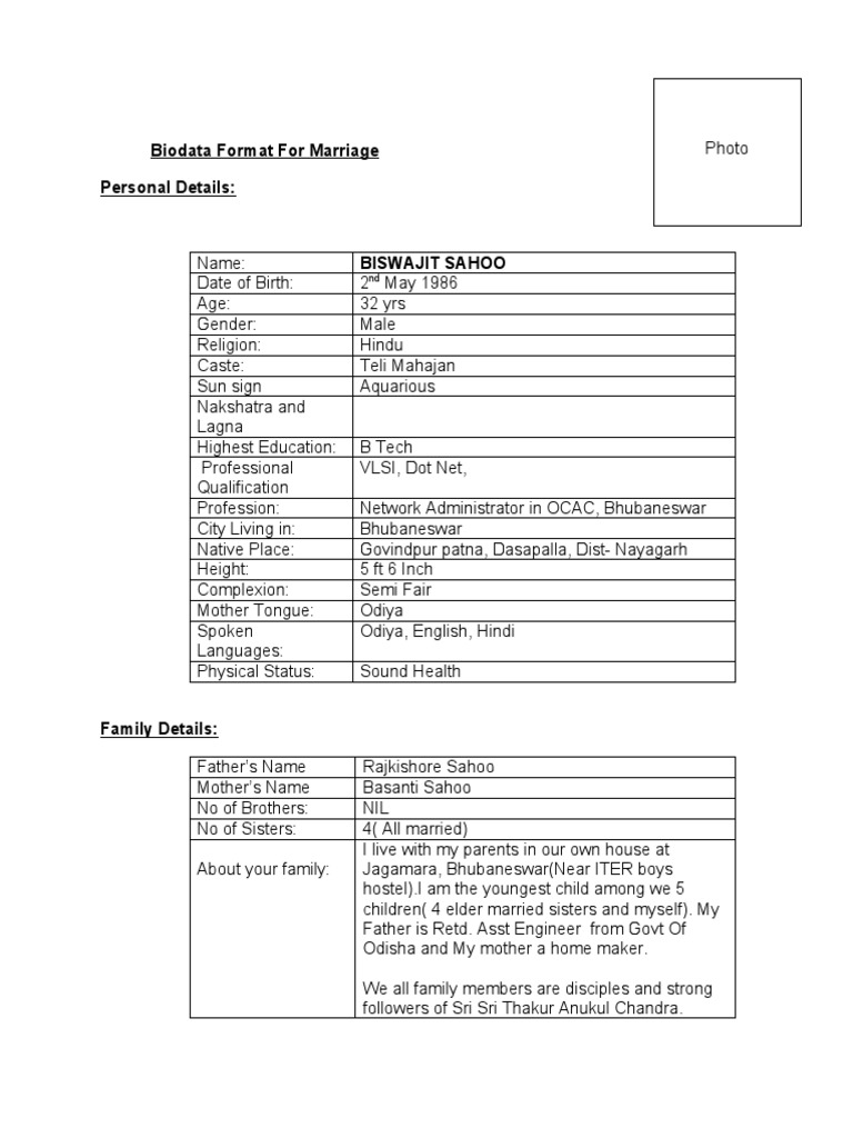 Biodata Format For Marriage Personal Details | PDF