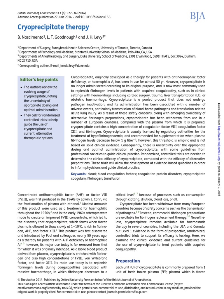 Cryoprecipitate Therapy in Coagulopathy | PDF | Blood Plasma | Coagulation