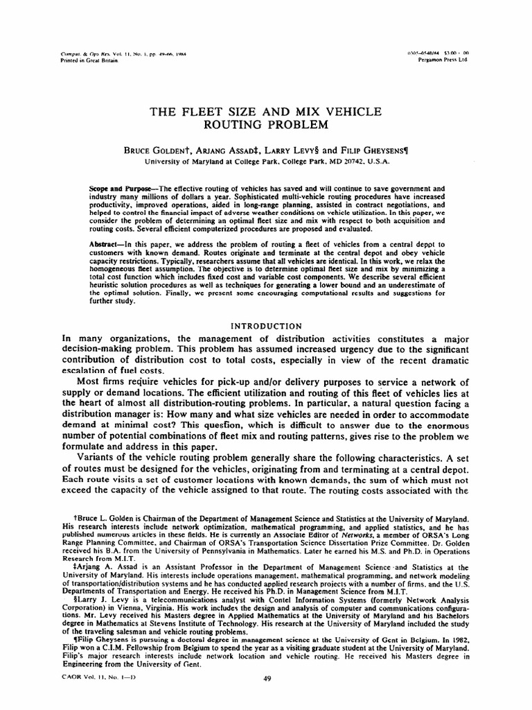 The Fleet Size and Mix Vehicle Routing Problem: Bruce Golden?, Arjang Assad& Larry Levy and ...
