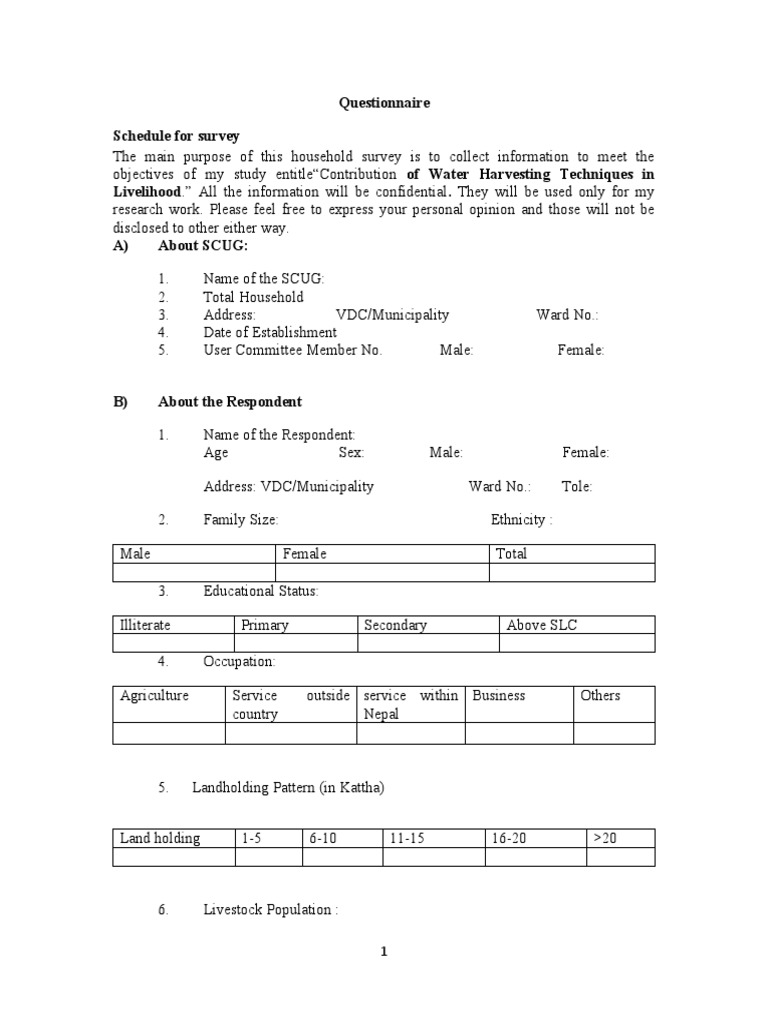 Questionnaire Schedule For Survey | PDF | Water Scarcity | Water