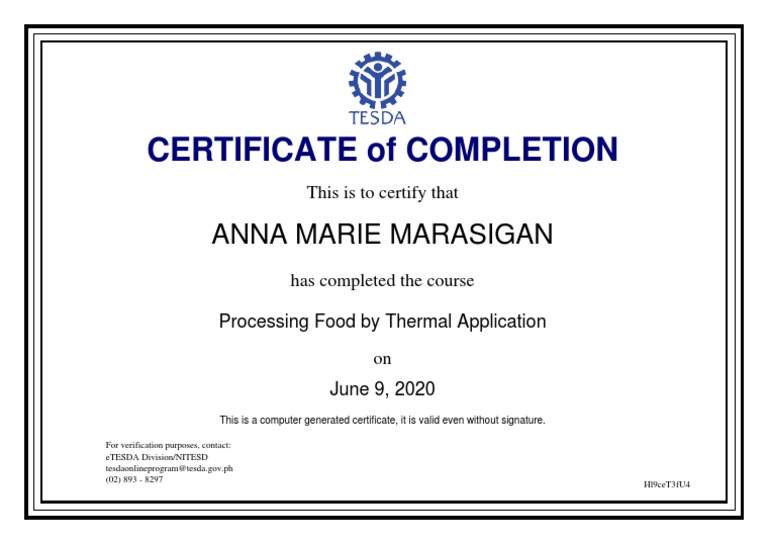 Certificate of Completion for Food Processing | PDF