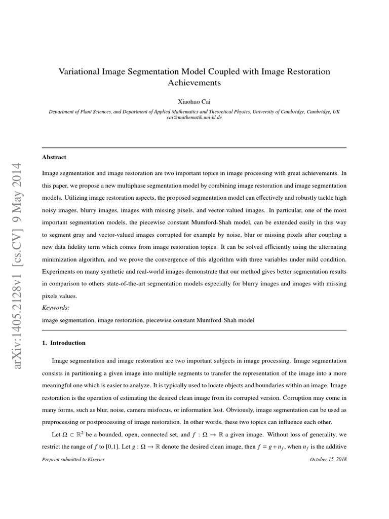 Variational Image Segmentation Model Coupled With Image Restoration Achievements | PDF | Image ...