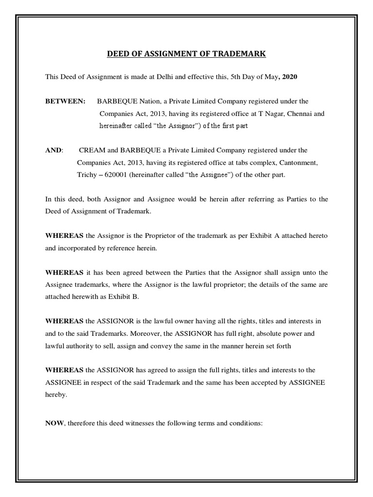 Deed of Assignment of Trademark | PDF | Assignment (Law) | Intellectual ...