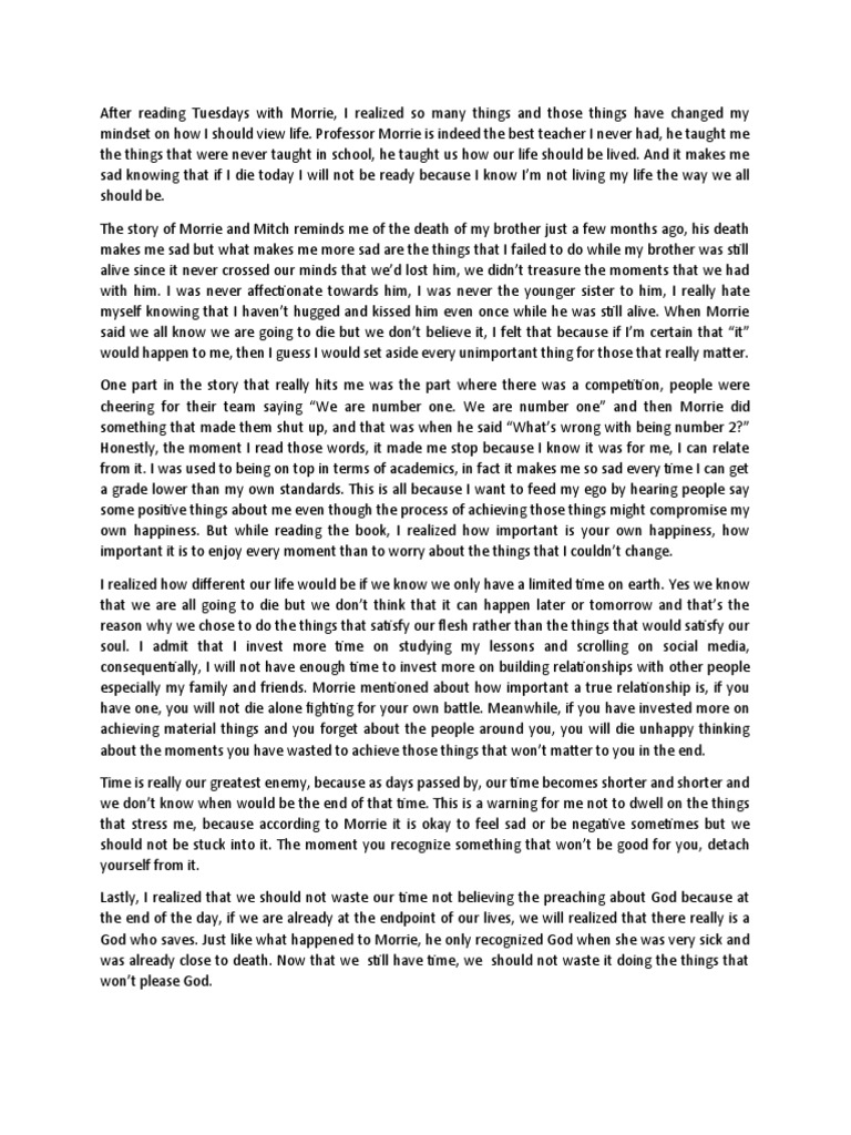 Reflection Tuesdays With Morrie | PDF | Self-Improvement