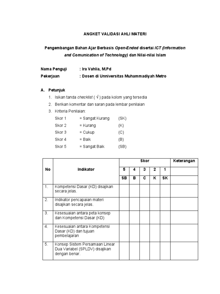 Angket Validasi Ahli Materi Dan Desain 1 | PDF
