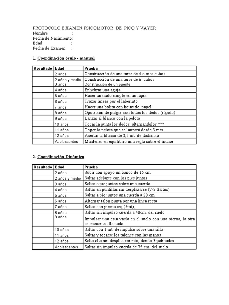 Protocolo Examen Psicomotor de Picq y Vayer | PDF | Pie | Mano