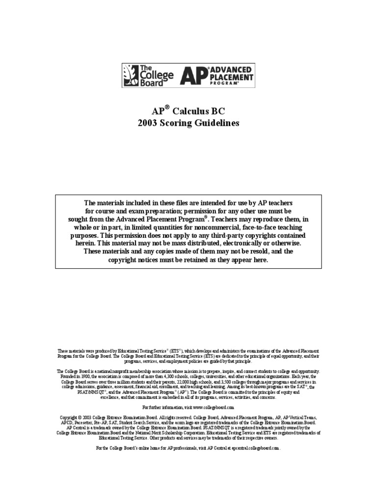 AP Calculus BC 2003 Scoring Guidelines | PDF | Advanced Placement ...