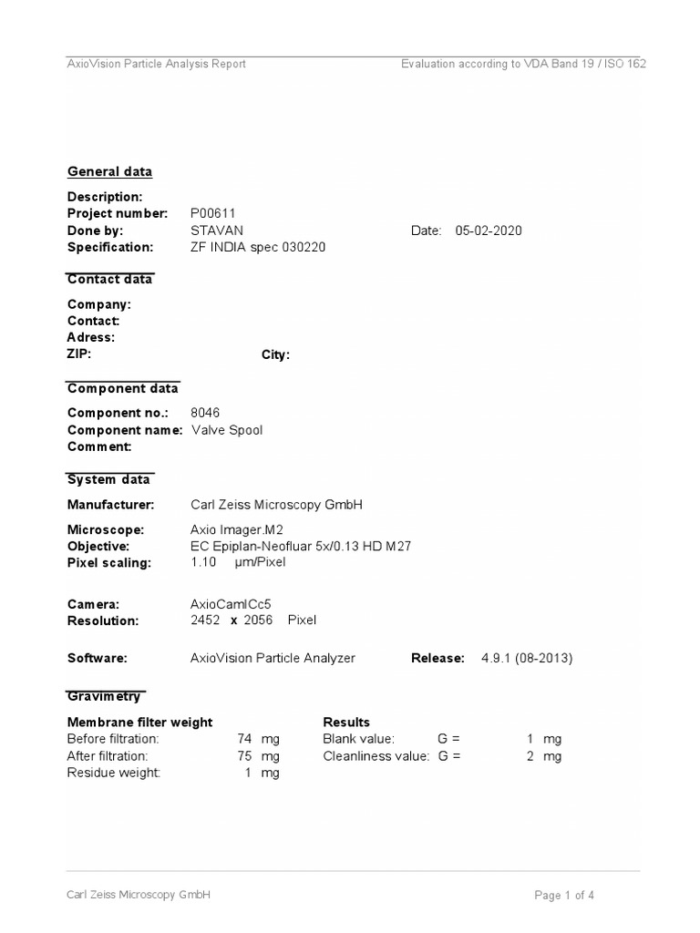 General Data: Axiovision Particle Analysis Report Evaluation According ...