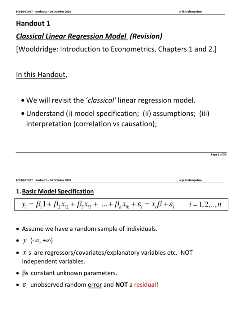 Handout 1: Classical Linear Regression Model (Revision) | PDF | Ordinary Least Squares | Errors ...