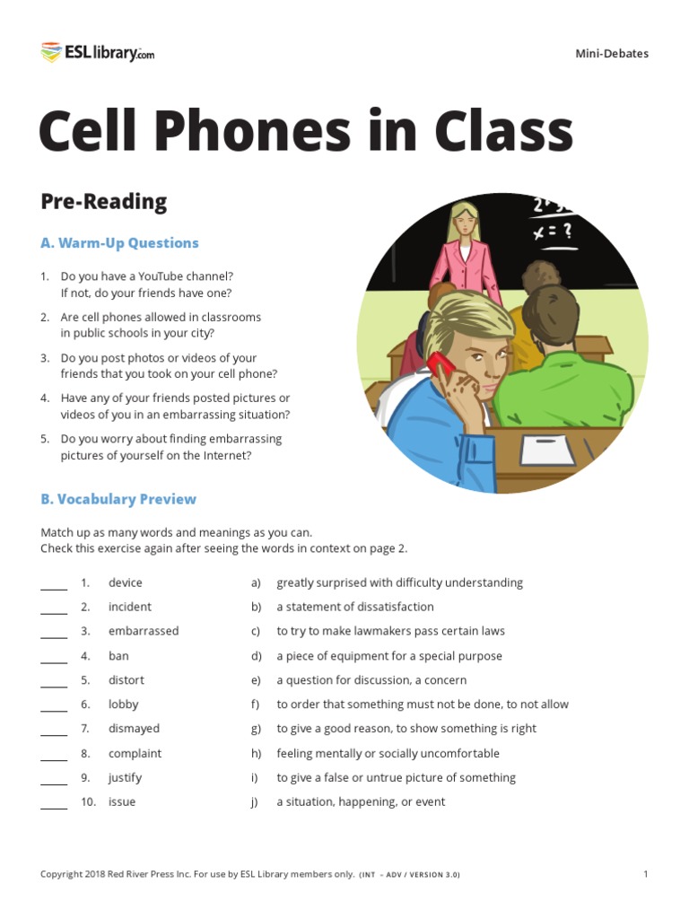 Cell Phones in Class: Pre-Reading | PDF | Reading Comprehension | Teachers