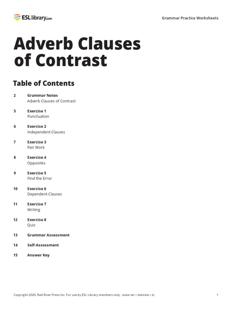 Adverb Clauses of Contrast: Grammar Practice Worksheets | PDF | Adverb ...