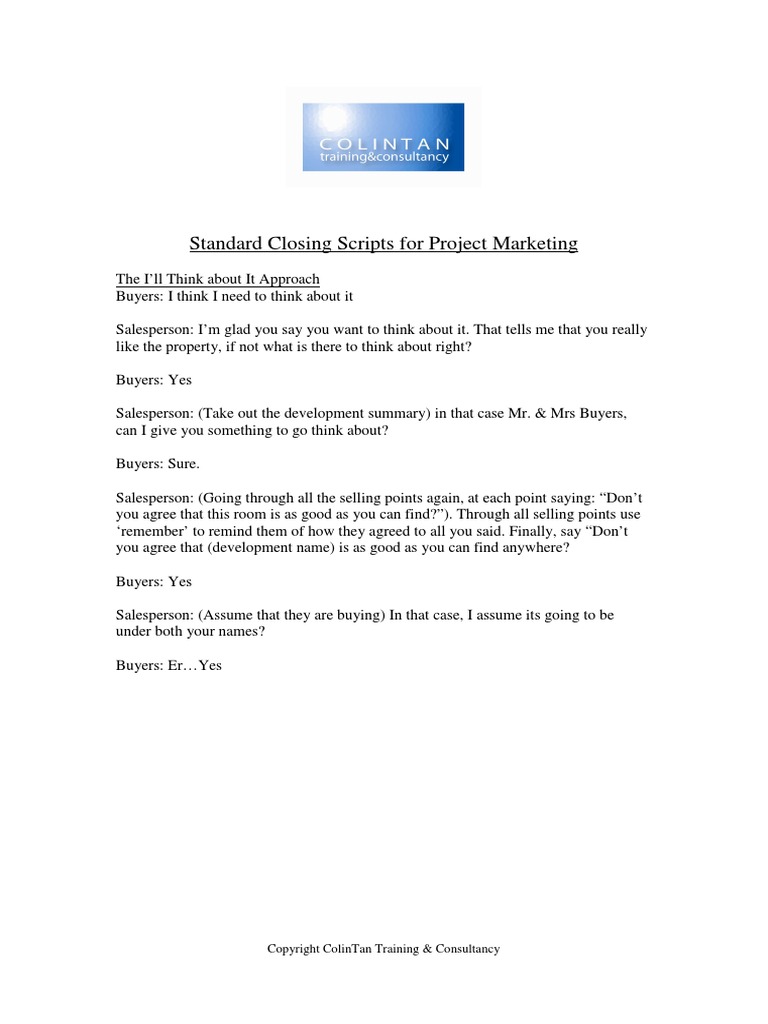 Standard Closing Scripts For Project Marketing PDF | PDF | Sales | Business