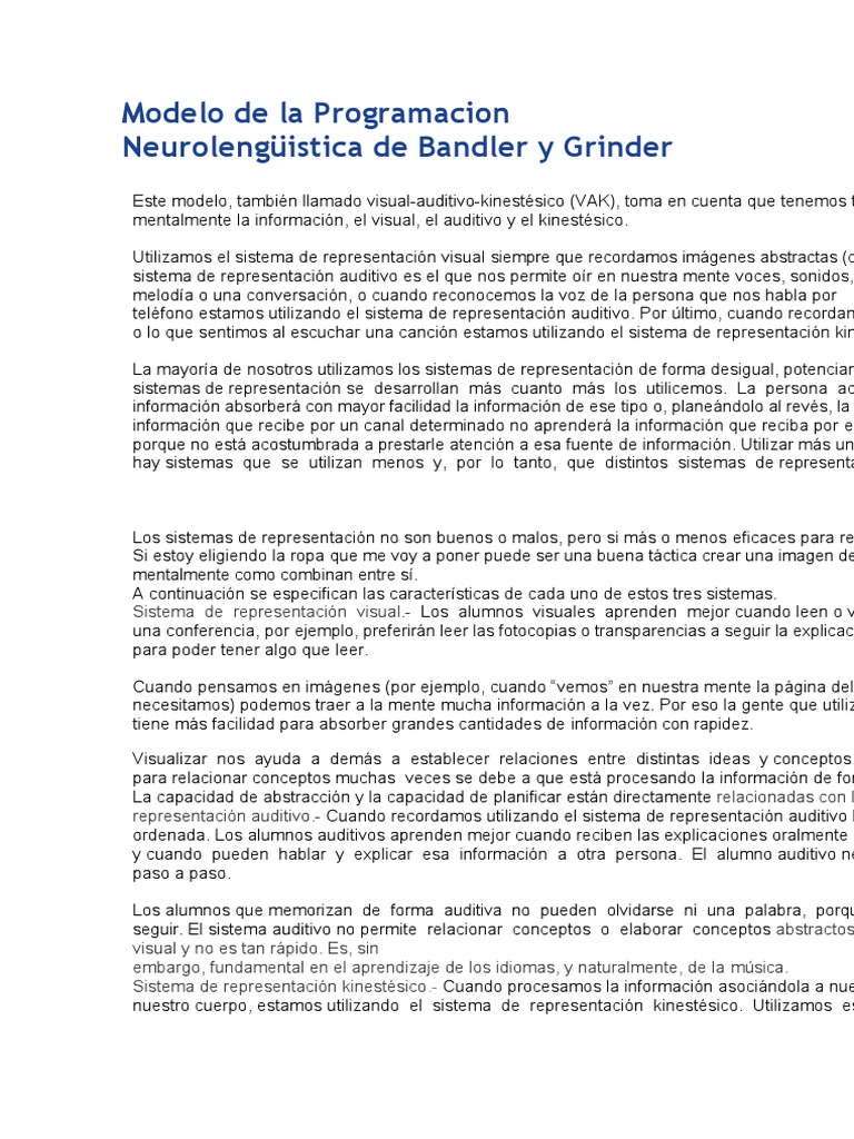 Modelo de La Programacion Neurolengüistica de Bandler y Grinder | PDF | Aprendizaje | Sicología