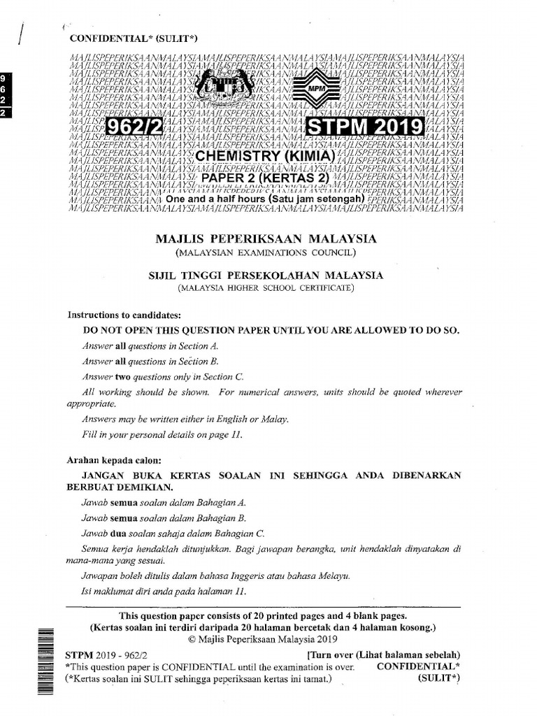 STPM Chemistry Past Year 2019 Sem 2 and Answer | PDF