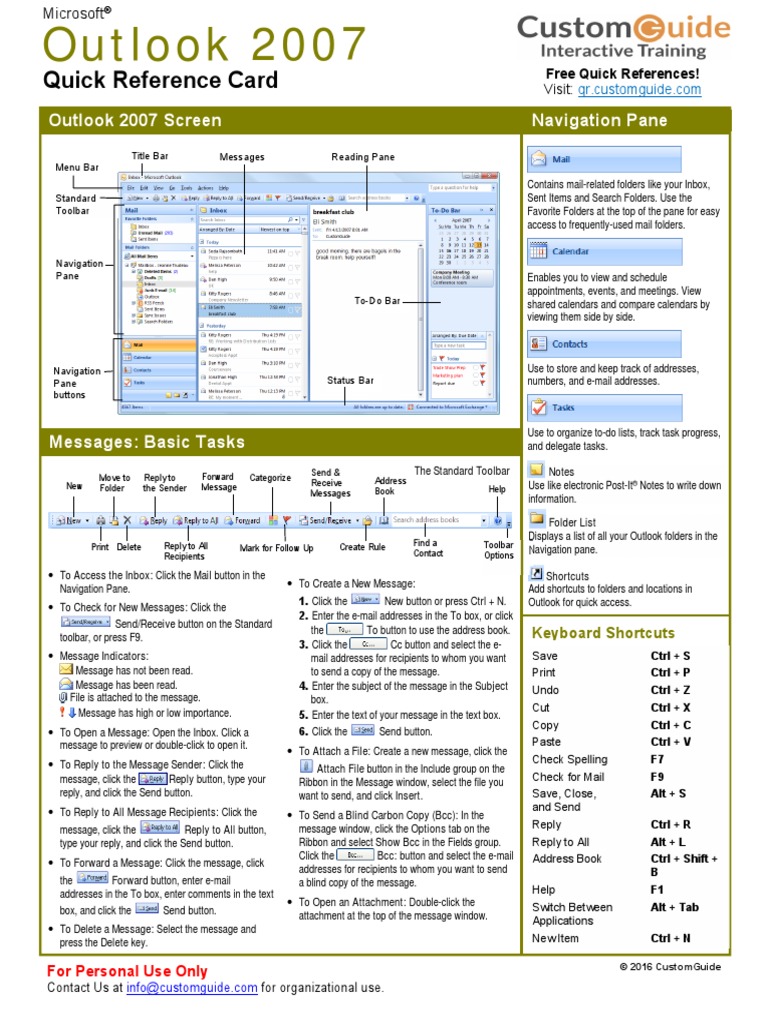 Outlook 2007 Cheat Sheet | PDF | Microsoft Outlook | Microsoft Windows