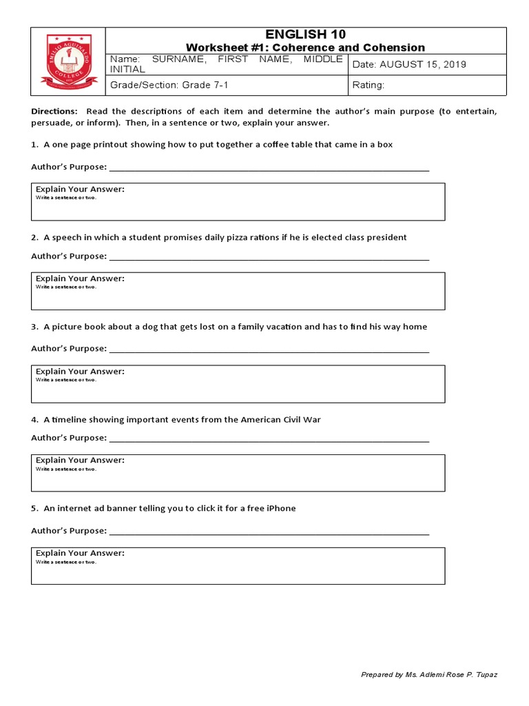 English 10: Worksheet #1: Coherence and Cohension | PDF