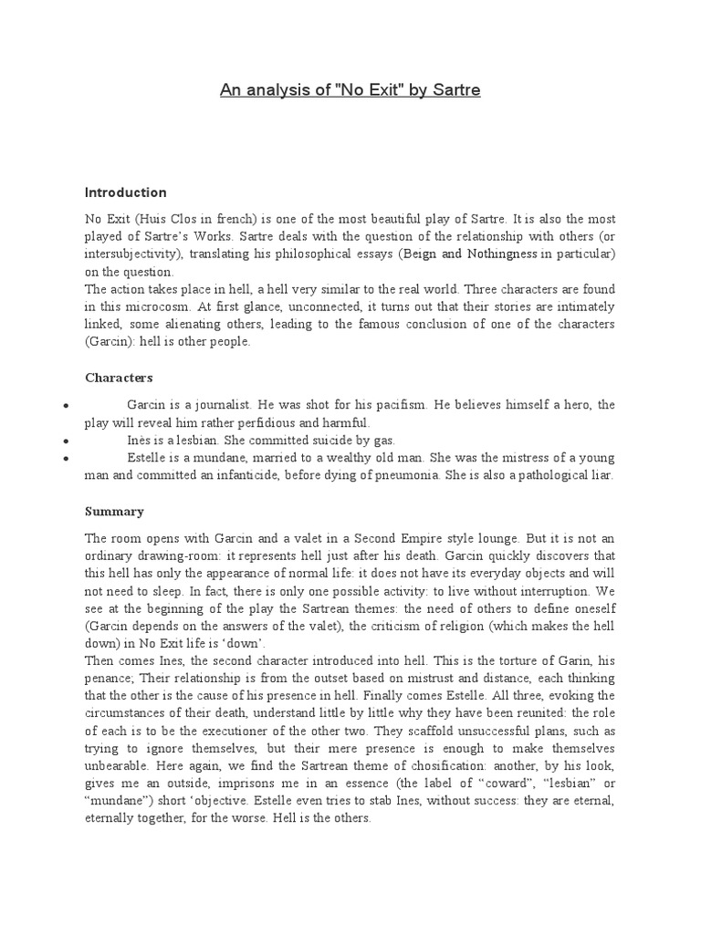 An Analysis of No Exit Drama | PDF | Jean Paul Sartre | Philosophical ...