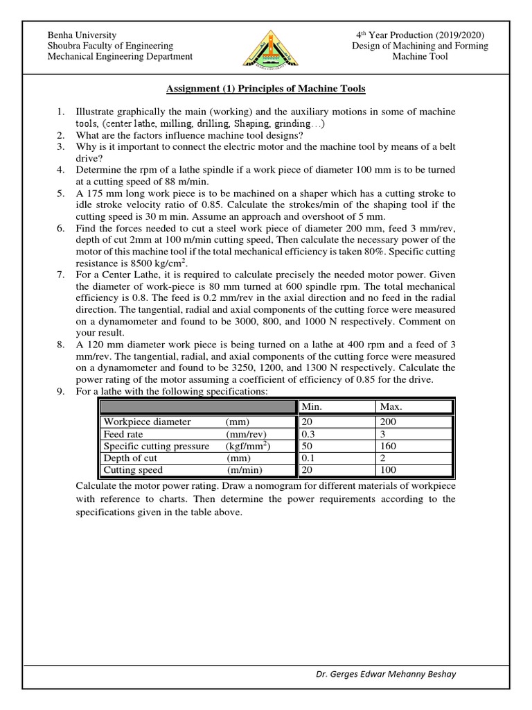Assignments Machine Tool Design | PDF | Machining | Industrial Processes