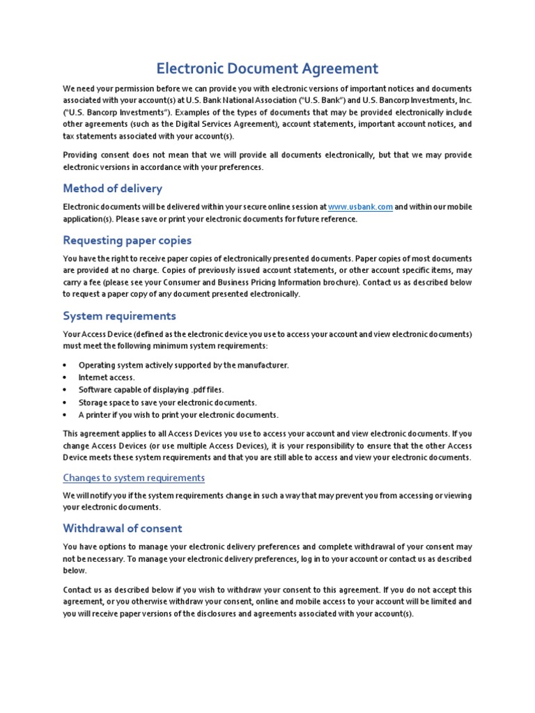 eSIGN Consent Agreement | PDF | Document | U.S. Bancorp