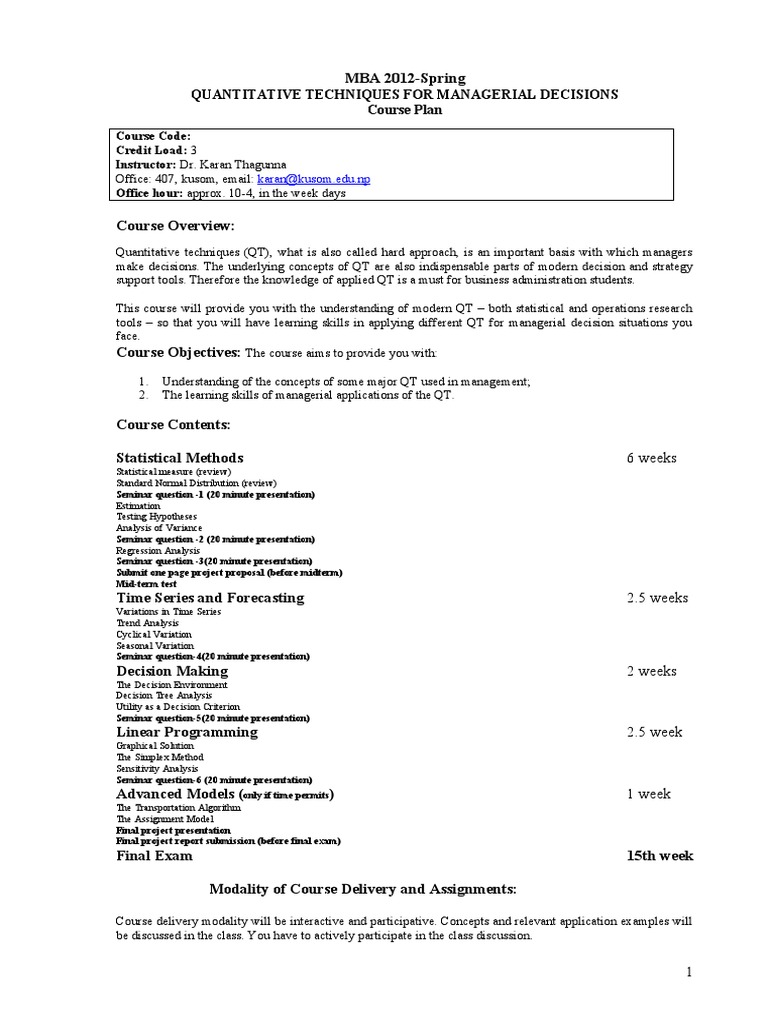 Quantitative Techniques for Managerial Decisions: Understanding and Applying Statistical and ...