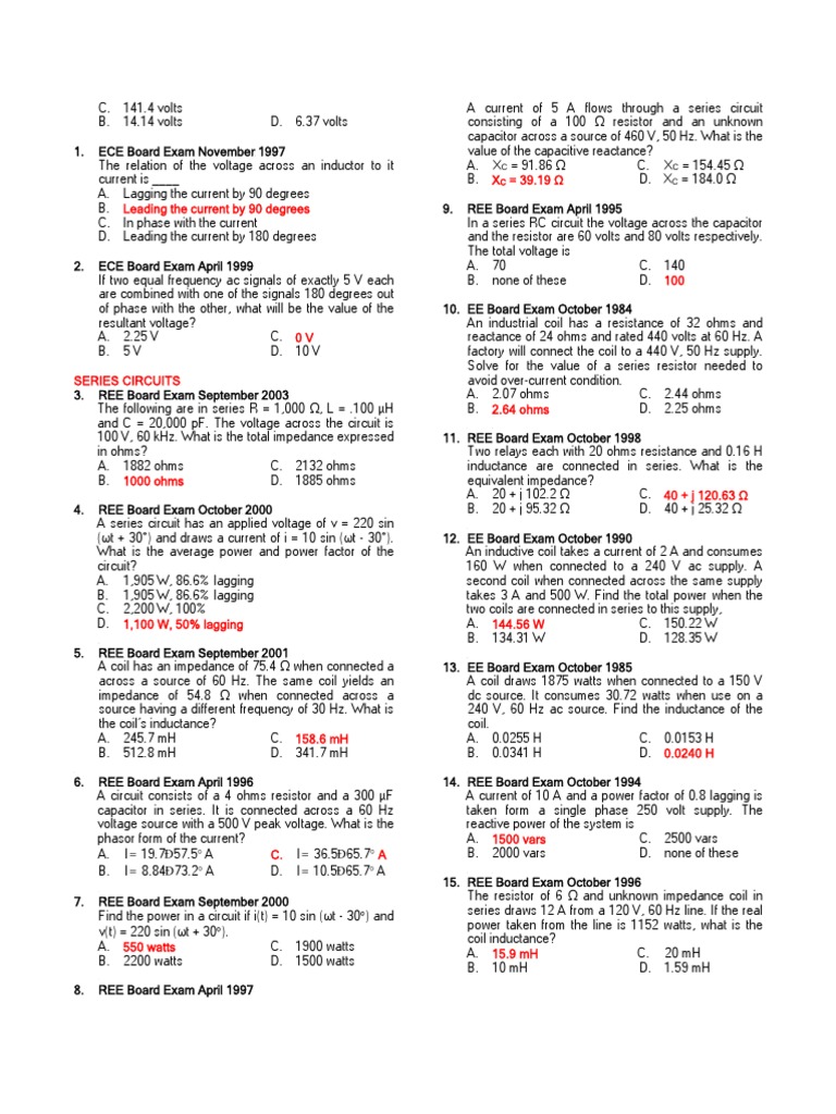 Past Board Exam Questions in AC Circuits | PDF | Inductor | Electrical ...