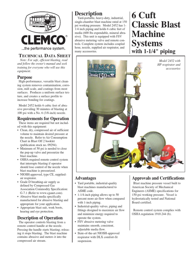 Clemco Classic Blast Machine 150 PSI 6 CF 2452 Model 2 | Download Free ...