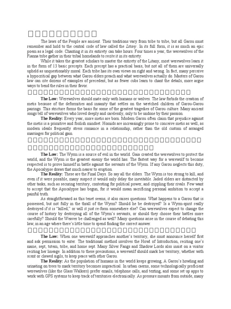 The Litany (W20 Version) | PDF | Werewolves