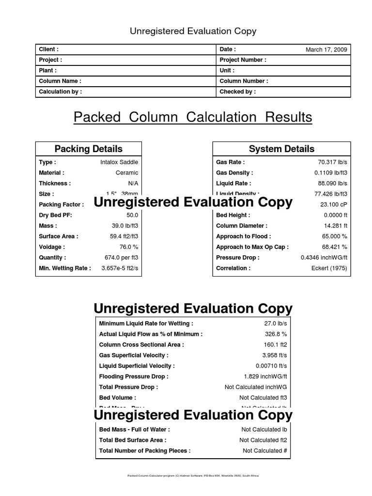 Packed Column Calculation Results: Unregistered Evaluation | PDF | Liquids | Transparent Materials