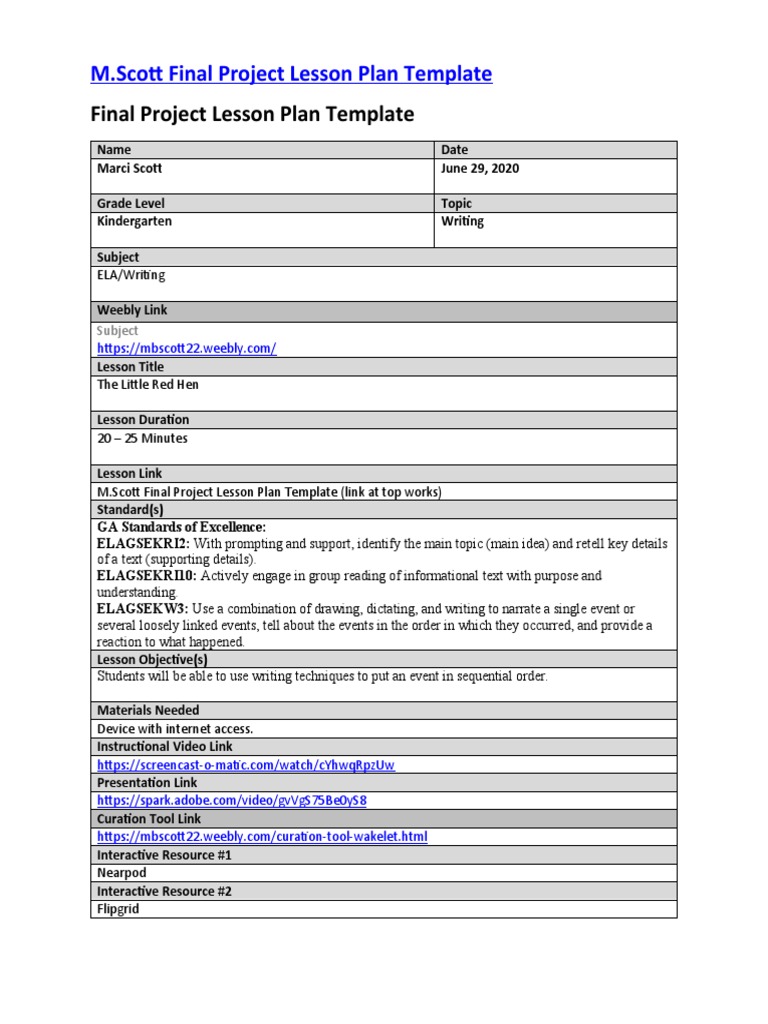 Edu 620 Final Project Lesson Plan Template | PDF | Reading ...