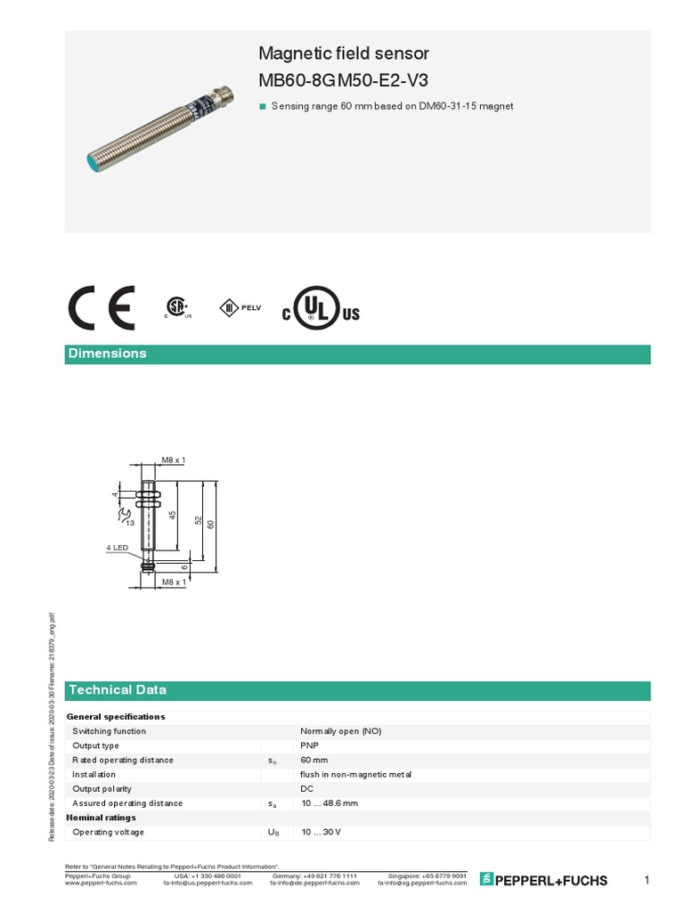 Magnetic Field Sensor MB60-8GM50-E2-V3: Dimensions | PDF | Electrical ...